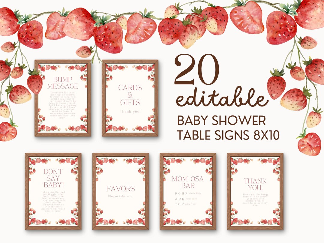 Strawberry Baby Shower Sign Bundle Berry Baby Shower Decor Red Fruit ...
