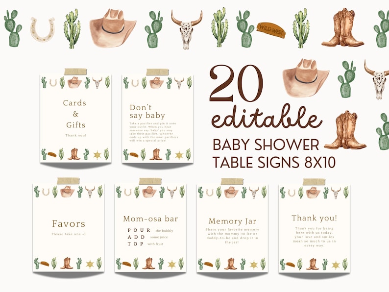 Cowboy Baby Shower Signs | Wild West Table Sign Bundle | 20 Editable ...