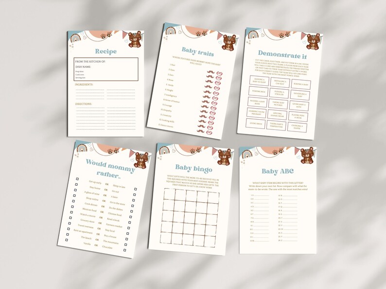 Boho Bear Baby Shower Game Bundle, Baby Shower Bingo, Bear Baby Shower Game Set, Blue Bear Baby ...