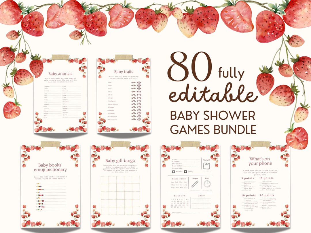 Strawberry Baby Shower Games Bundle, Berry Sweet Editable Games, 80 ...