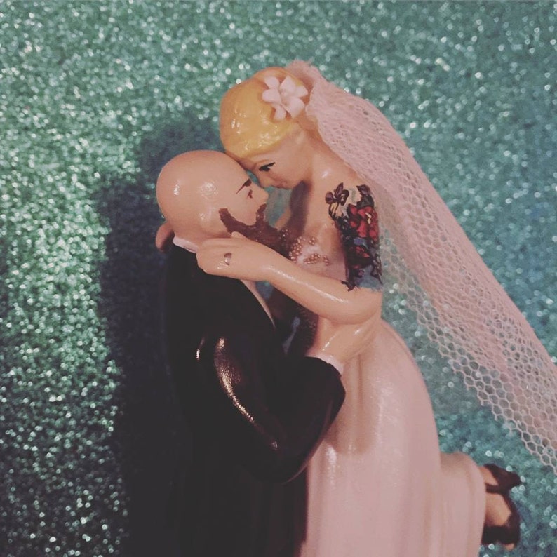 Bald & Bearded Groom W. Tattooed Bride Wedding Cake Topper . Custom ...