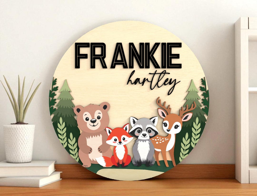 Woodland Animal Name Sign Svg, Forest Nursery Round Sign Svg, Layered ...
