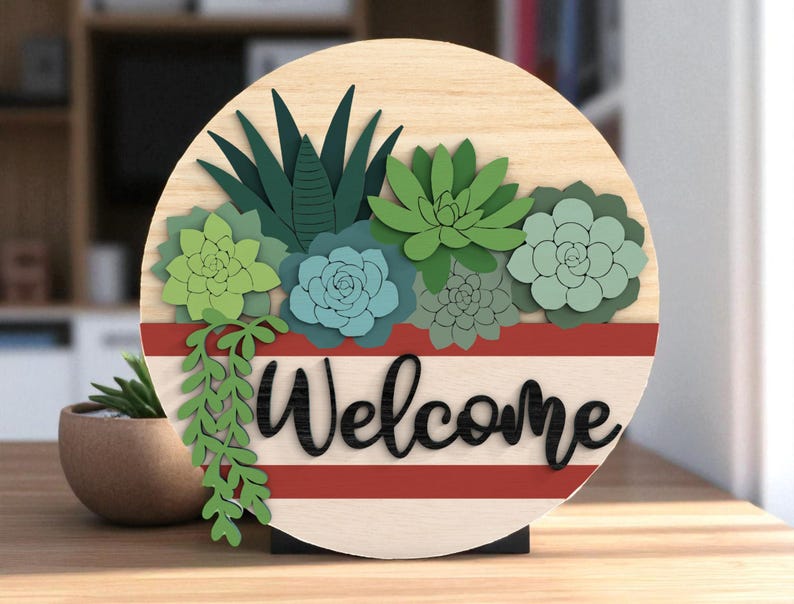 Welcome Succulent Door Hanger Laser Cut Svg, 3D Layered Plants Round ...