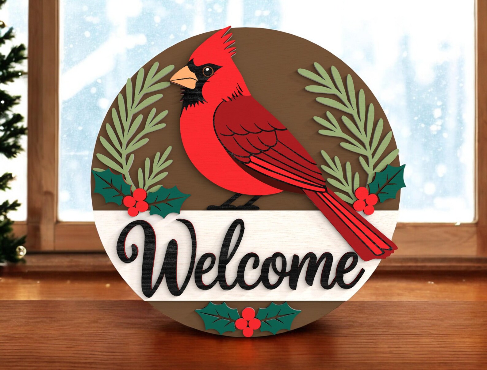 Cardinal Welcome Sign SVG, Christmas Round Door Hanger Laser Cut File ...
