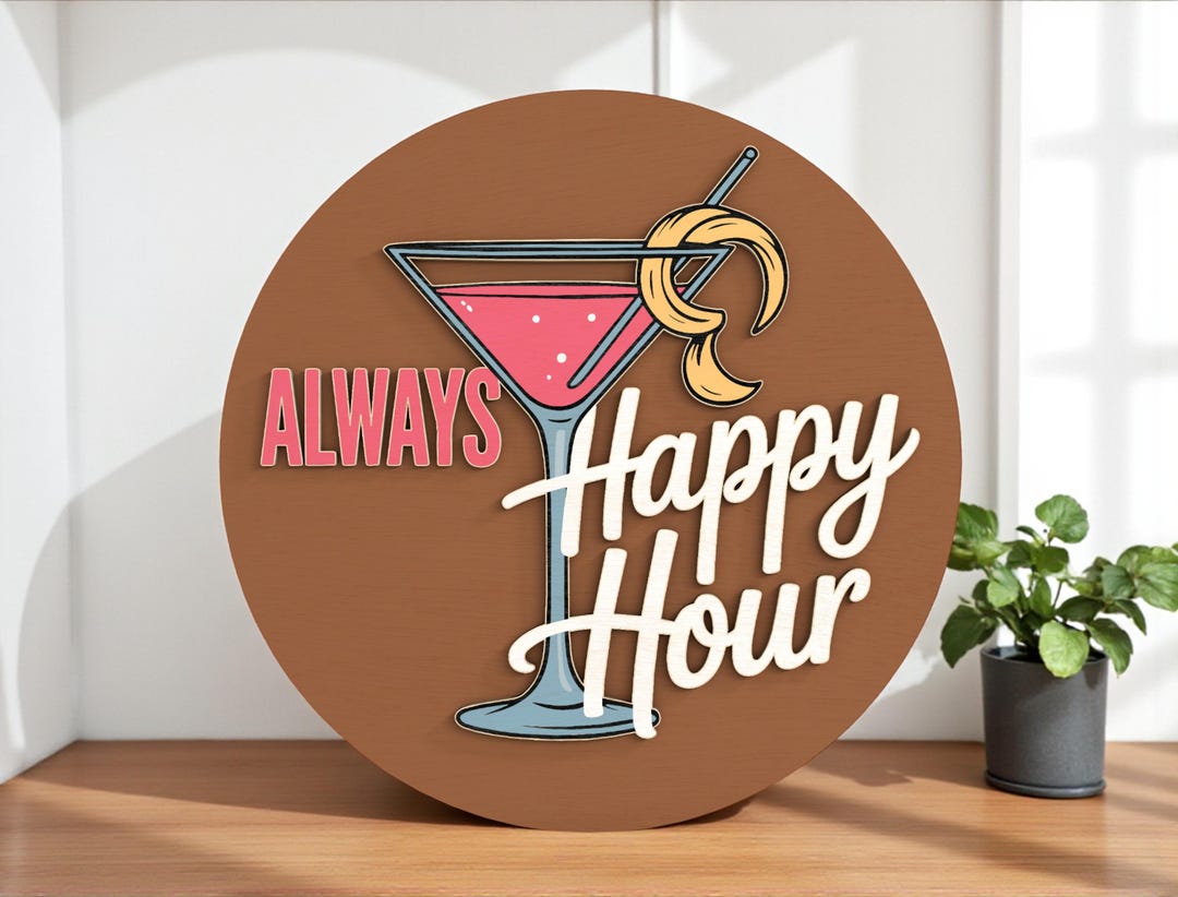 Always Happy Hour Sign SVG, Cocktail Bar Decor SVG, Layered Round Sign ...