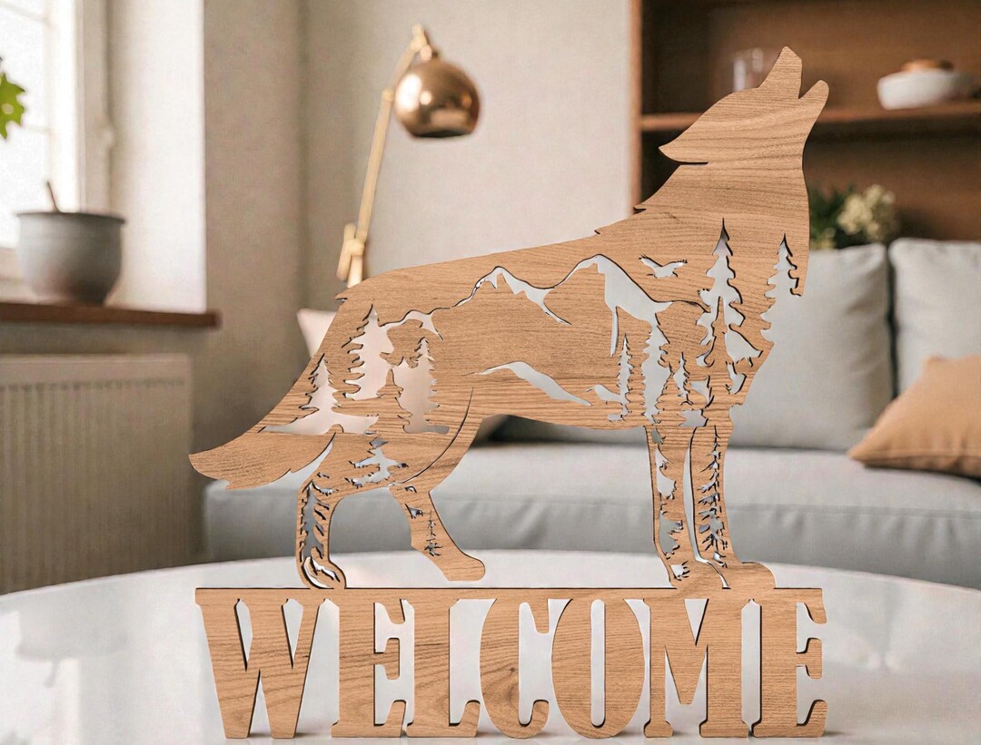 Welcome Wolf Wood Sign Laser Cut File, Howling Wolf Mountain Forest ...