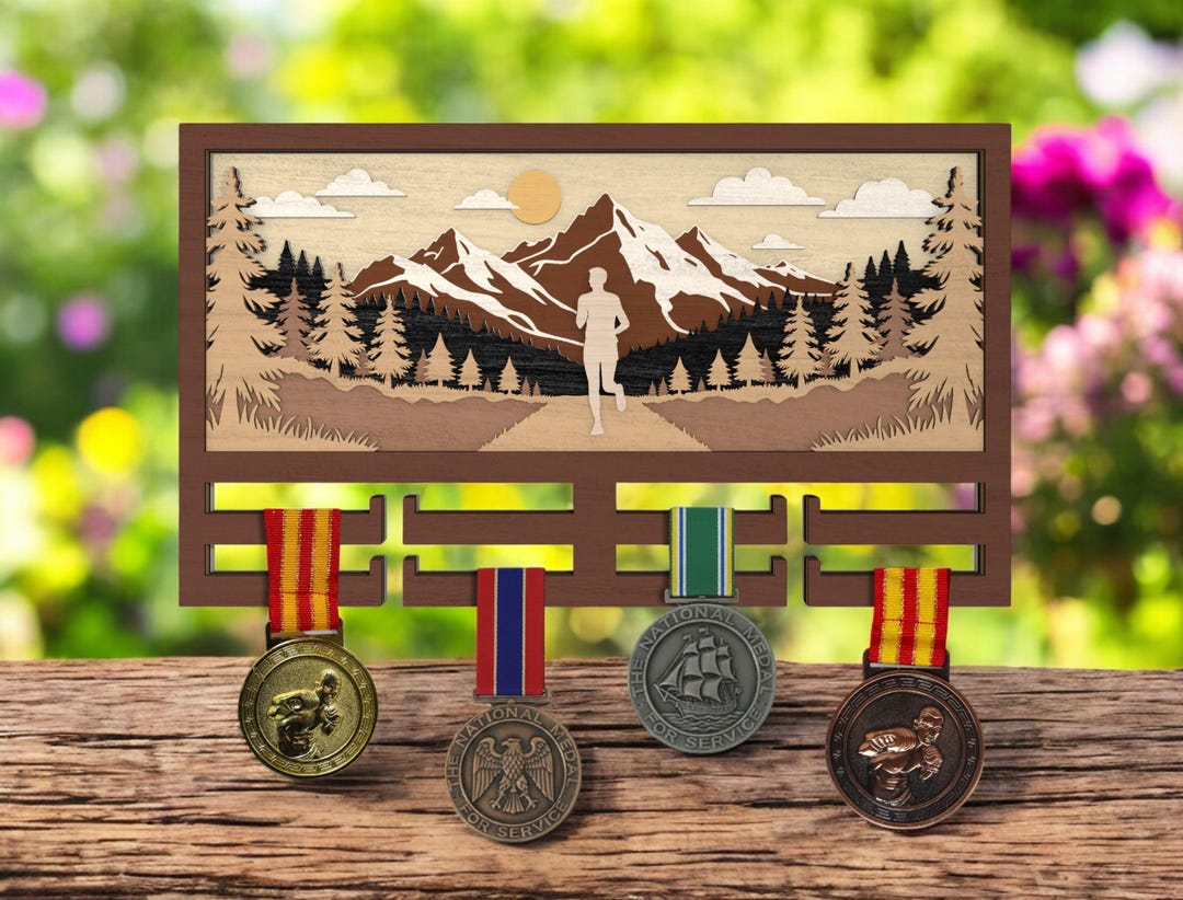 Mountain Trail Runner Medal Holder SVG, 3D Layered Landscape, Running ...