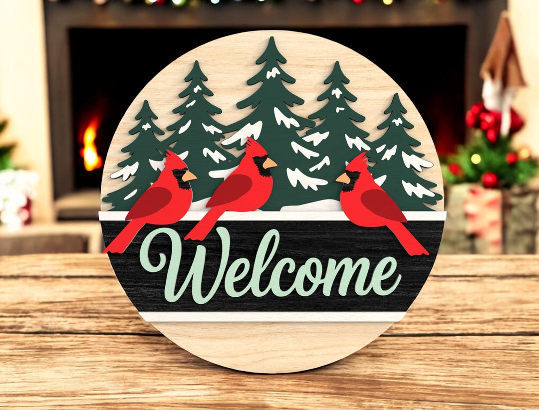 Winter Cardinal Welcome Sign SVG, Christmas Round Door Hanger Laser Cut ...