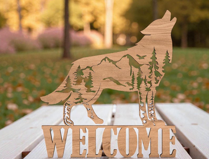 Welcome Wolf Wood Sign Laser Cut File, Howling Wolf Mountain Forest ...