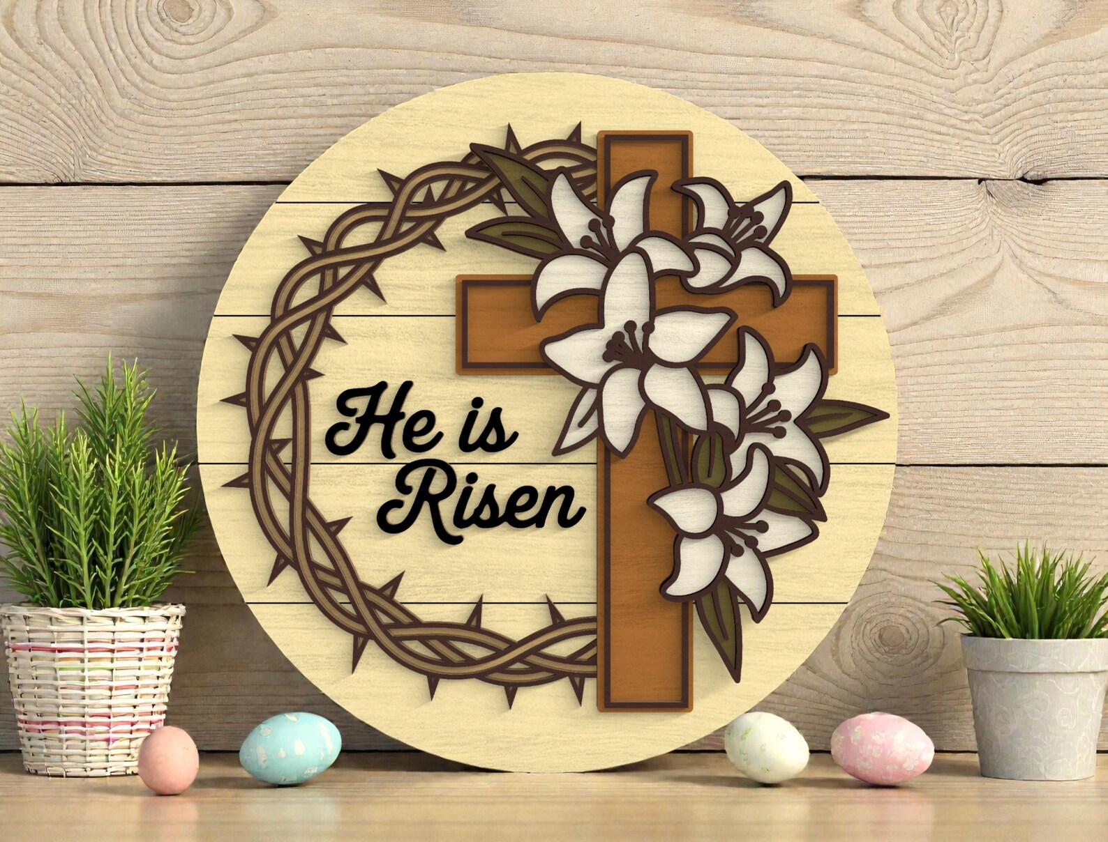 Christian Door Hanger Laser Cut File, He is Risen Round Sign SVG ...