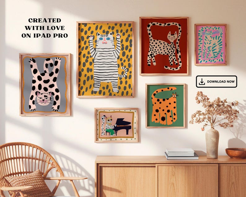 9 Cat Wall Art Prints Bundle Funny Printable Poster Set for Kids Room ...