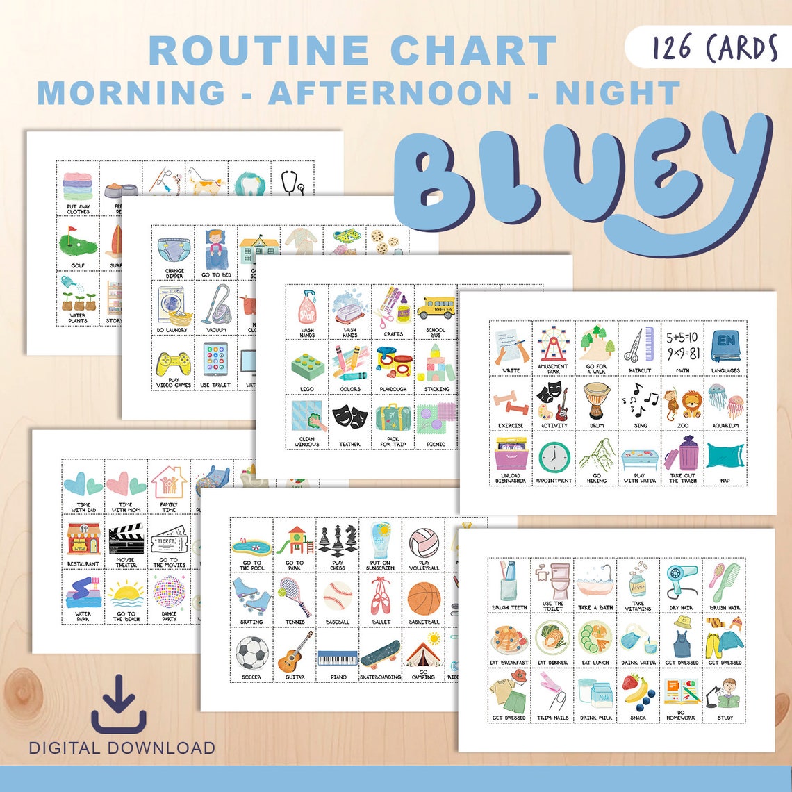 Bluey Routine and Habits Board, Printable, CUSTOMIZED, 128 Cards, Kids ...