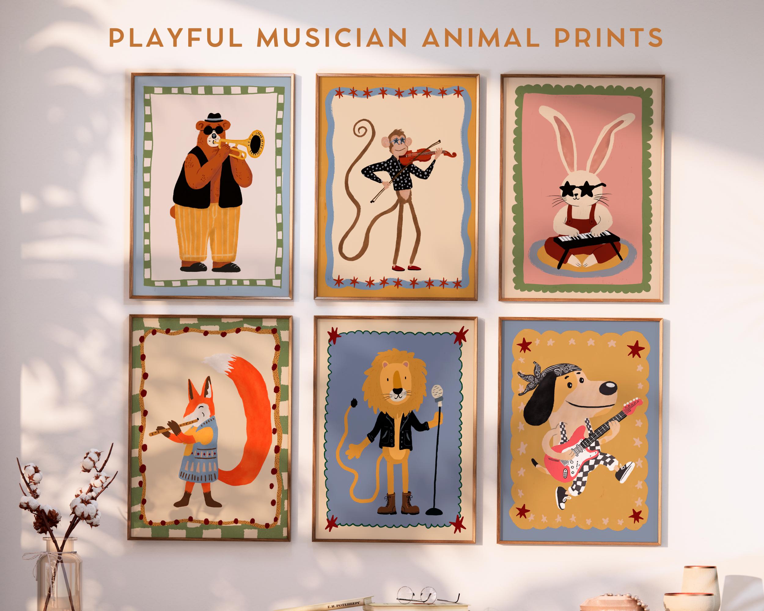 Boho Musical Animal Posters Set Retro Folk Nursery Wall Art Kids Room ...