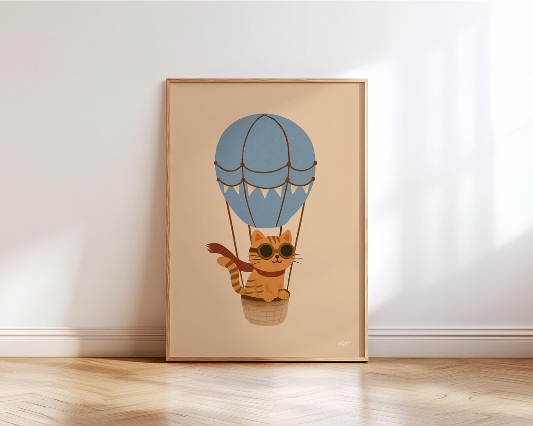 Cute Cat Hot Air Balloon Print Kids Room Decor Nursery Wall Art Animal ...