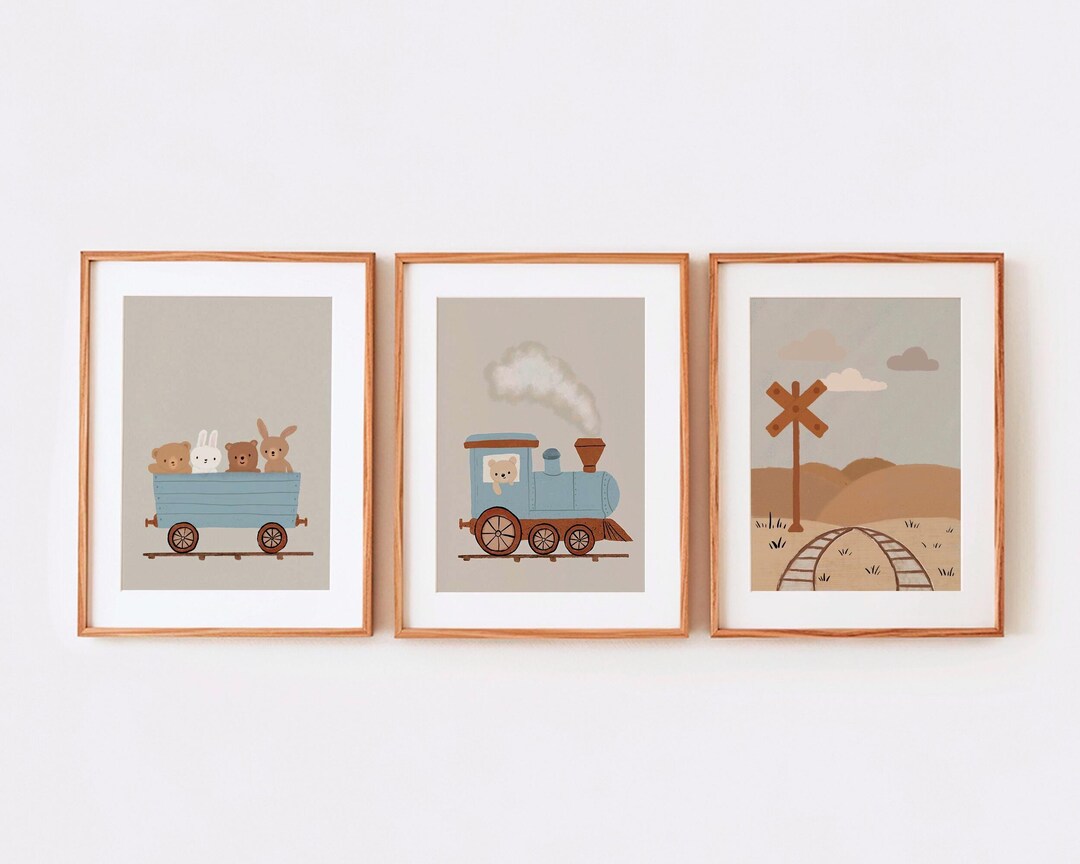 Boho Train Nursery Wall Art Set 3 Animal Prints Playroom Decor Kids ...