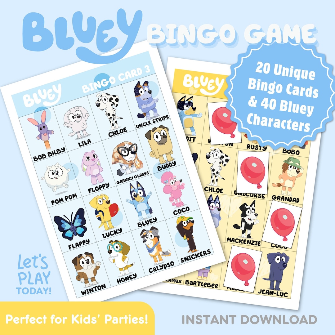 Bluey Bingo Game Printable Kids Party Activity Instant Download Family ...