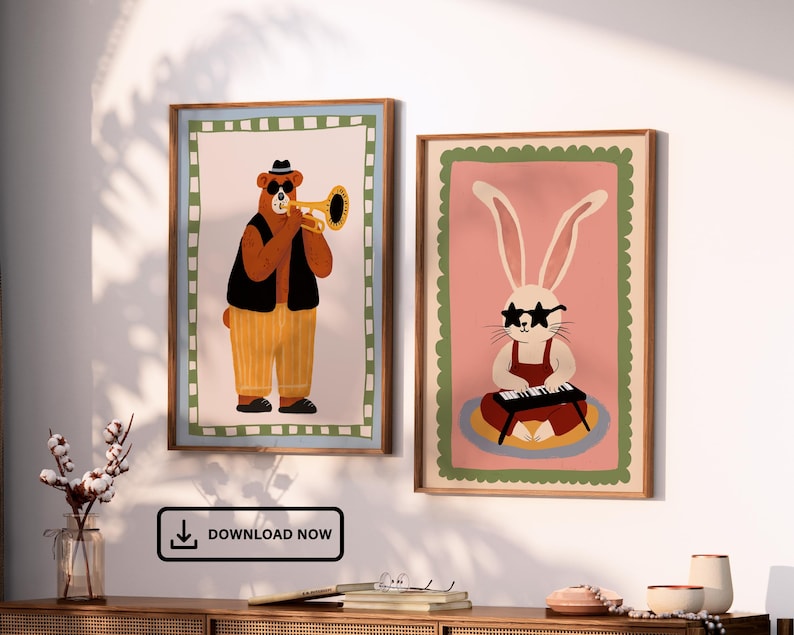 Boho Musical Animal Posters Set Retro Folk Nursery Wall Art Kids Room ...