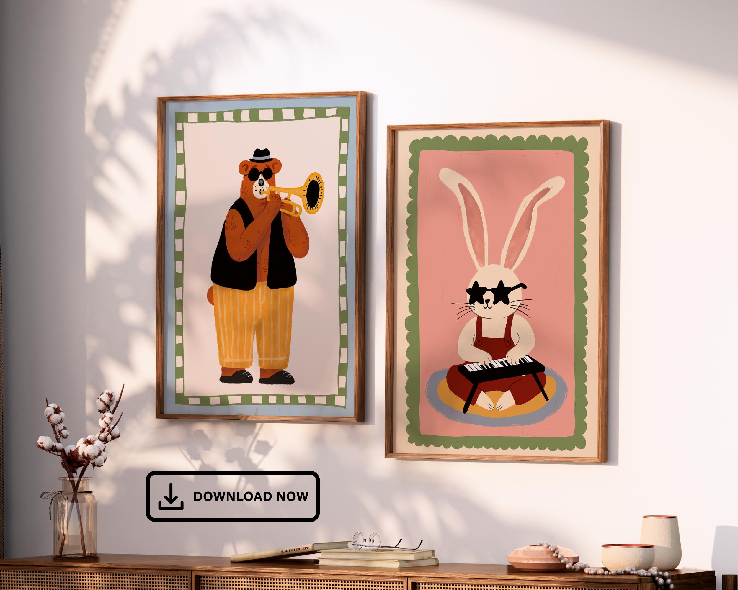 Boho Musical Animal Posters Set Retro Folk Nursery Wall Art Kids Room ...