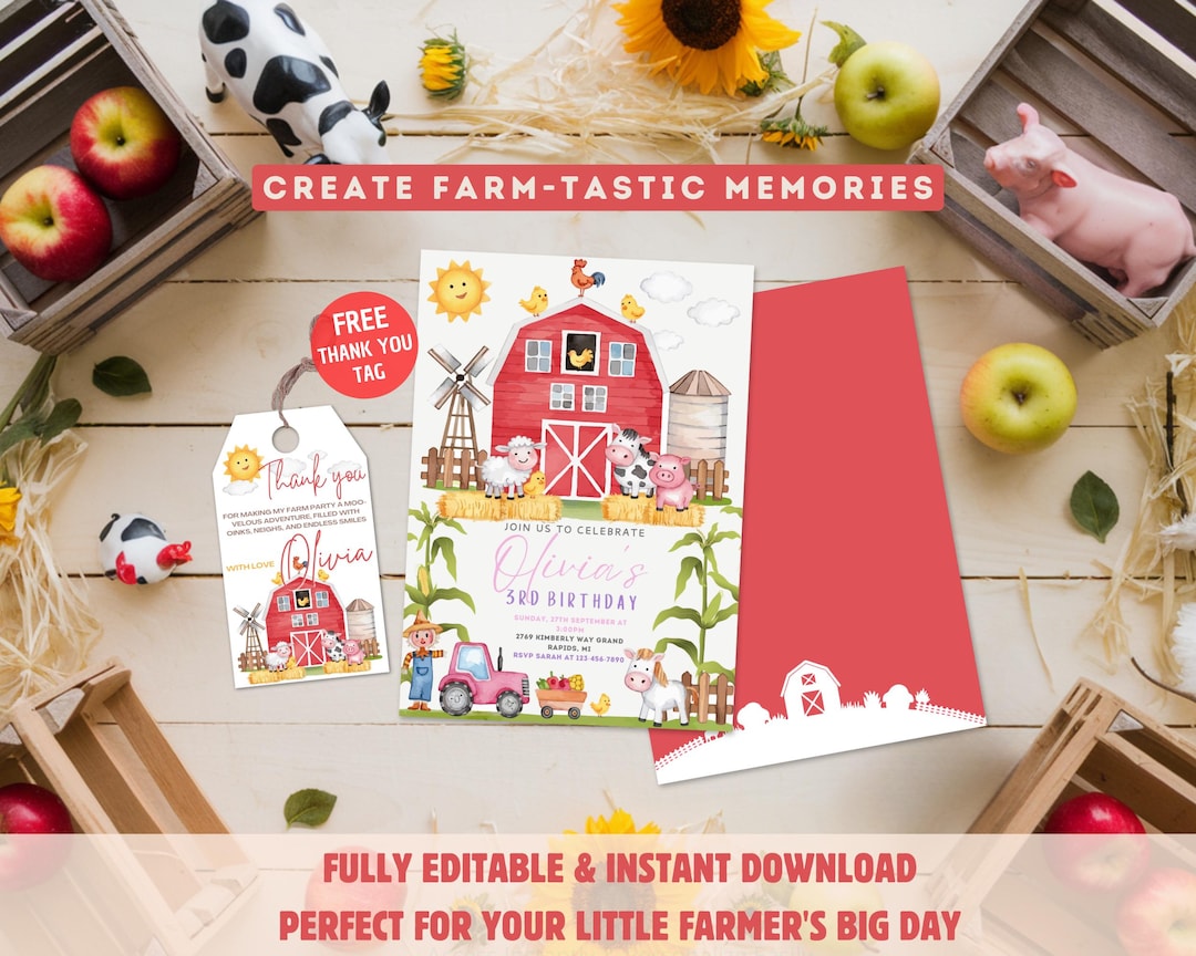 Farm-themed Birthday Invitation Editable & Printable Template for Kids ...