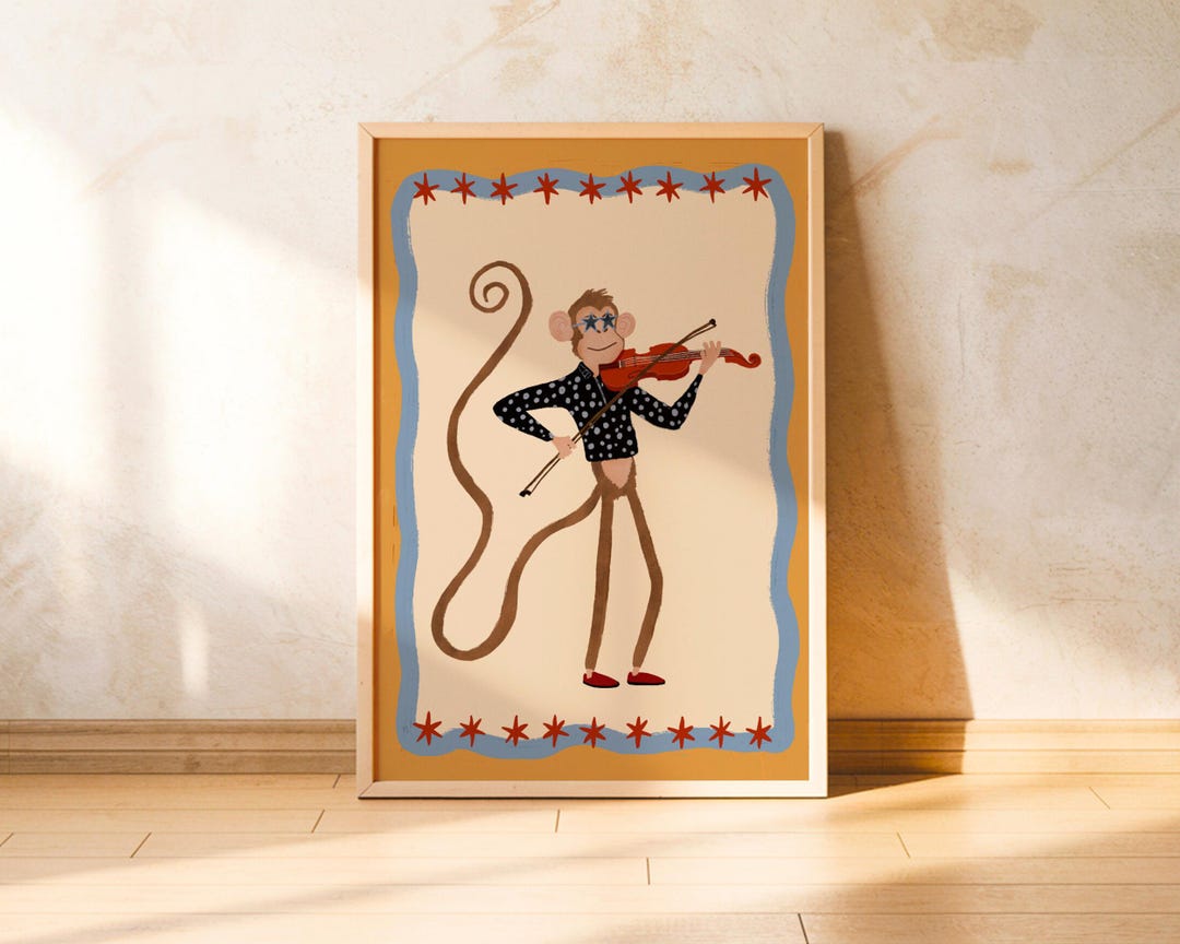 Funky Violin Monkey Poster Kids Room Wall Art Jungle Music Animal Print ...