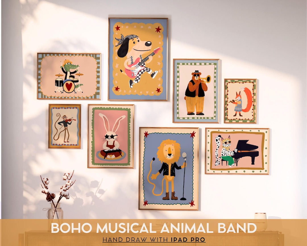 Boho Musical Animal Posters Set Retro Folk Nursery Wall Art Kids Room ...