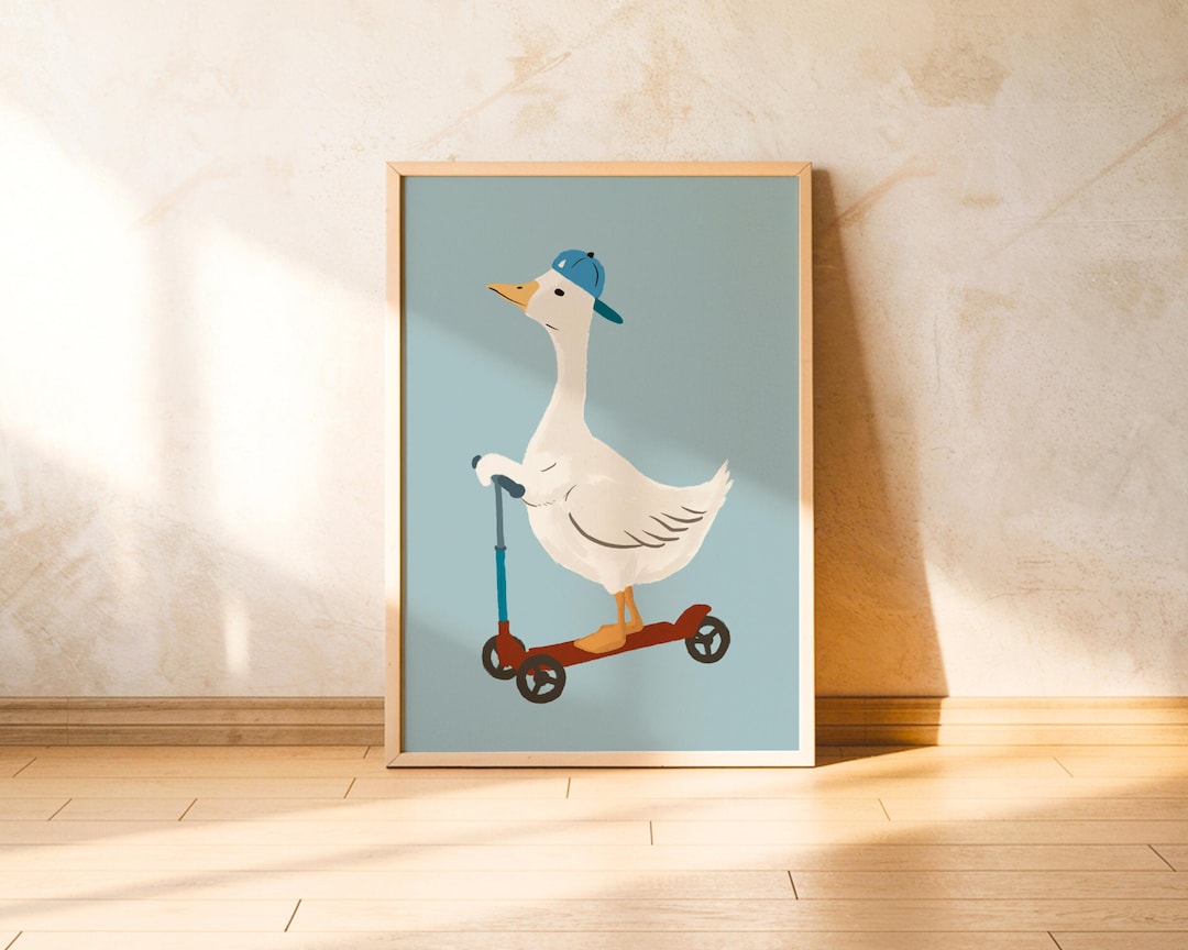 Goose on Scooter Wall Art Duck Illustration Nursery Poster Animal Print ...