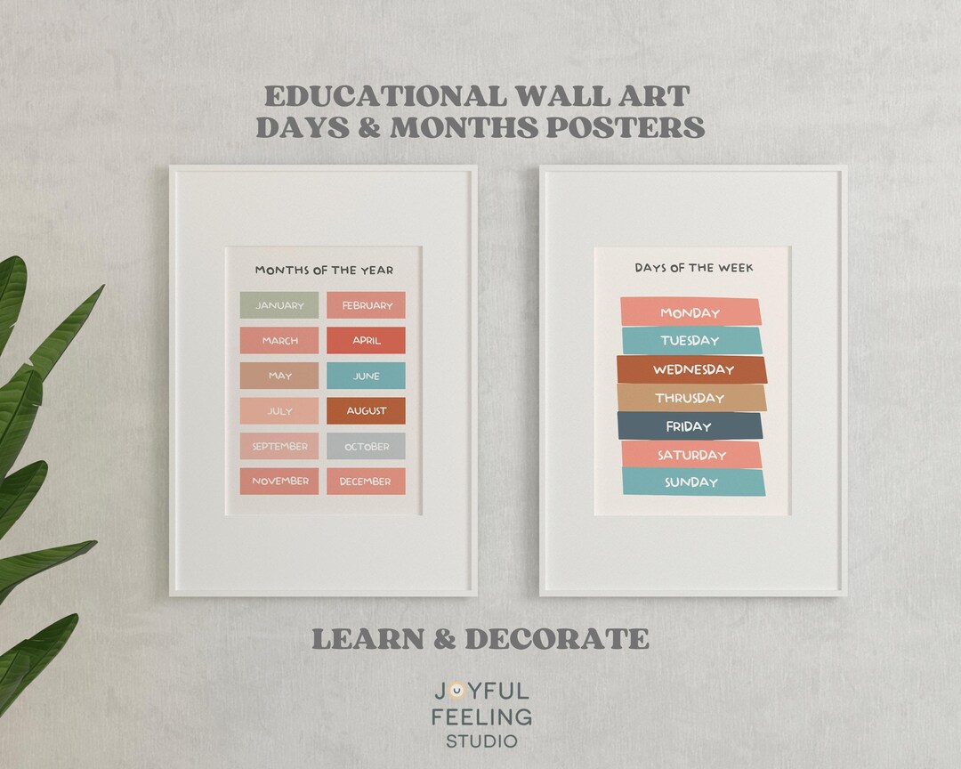 Days and Months Poster Set Kids Wall Art Educational Calendar Decor ...