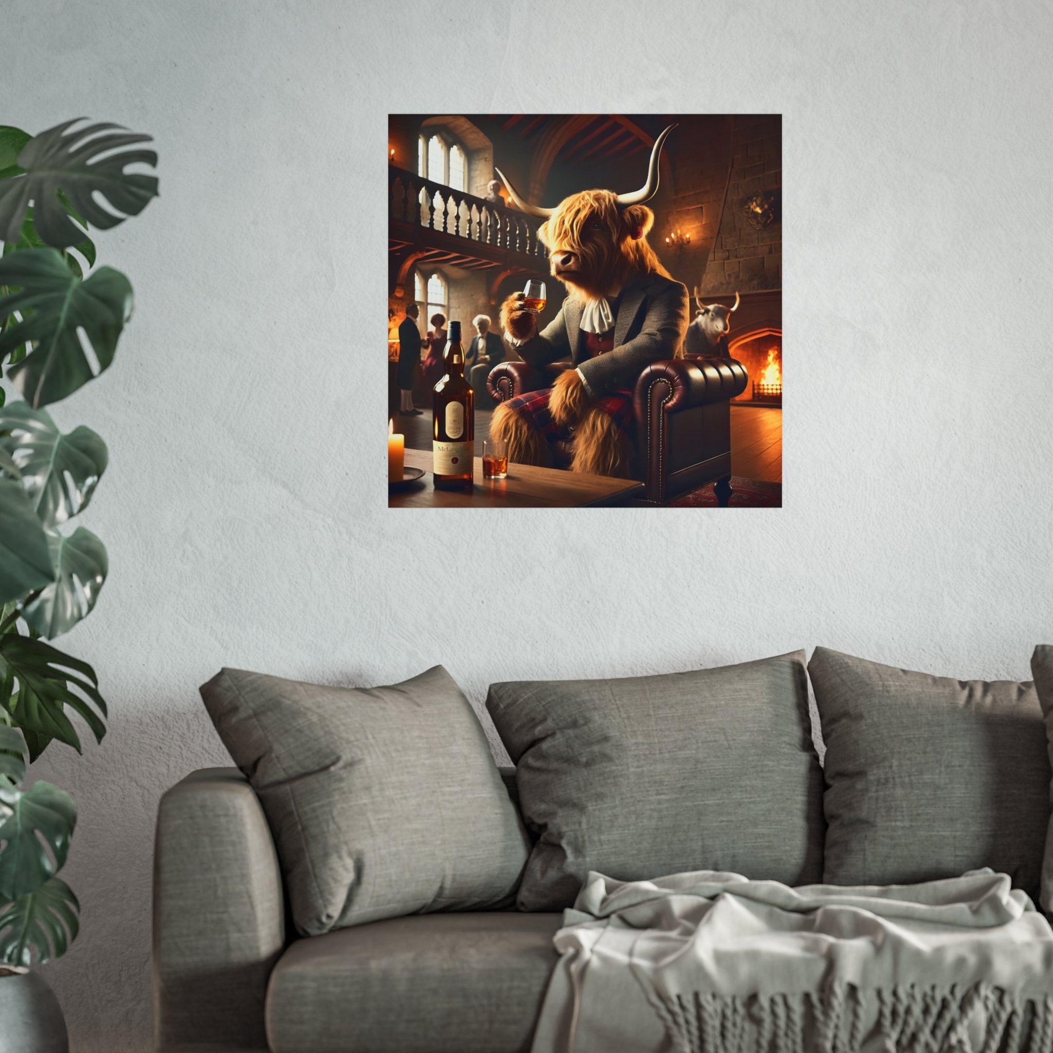 Scottish Highland Cow Wall Art - Hamish Having a Wee Dram - Highland ...