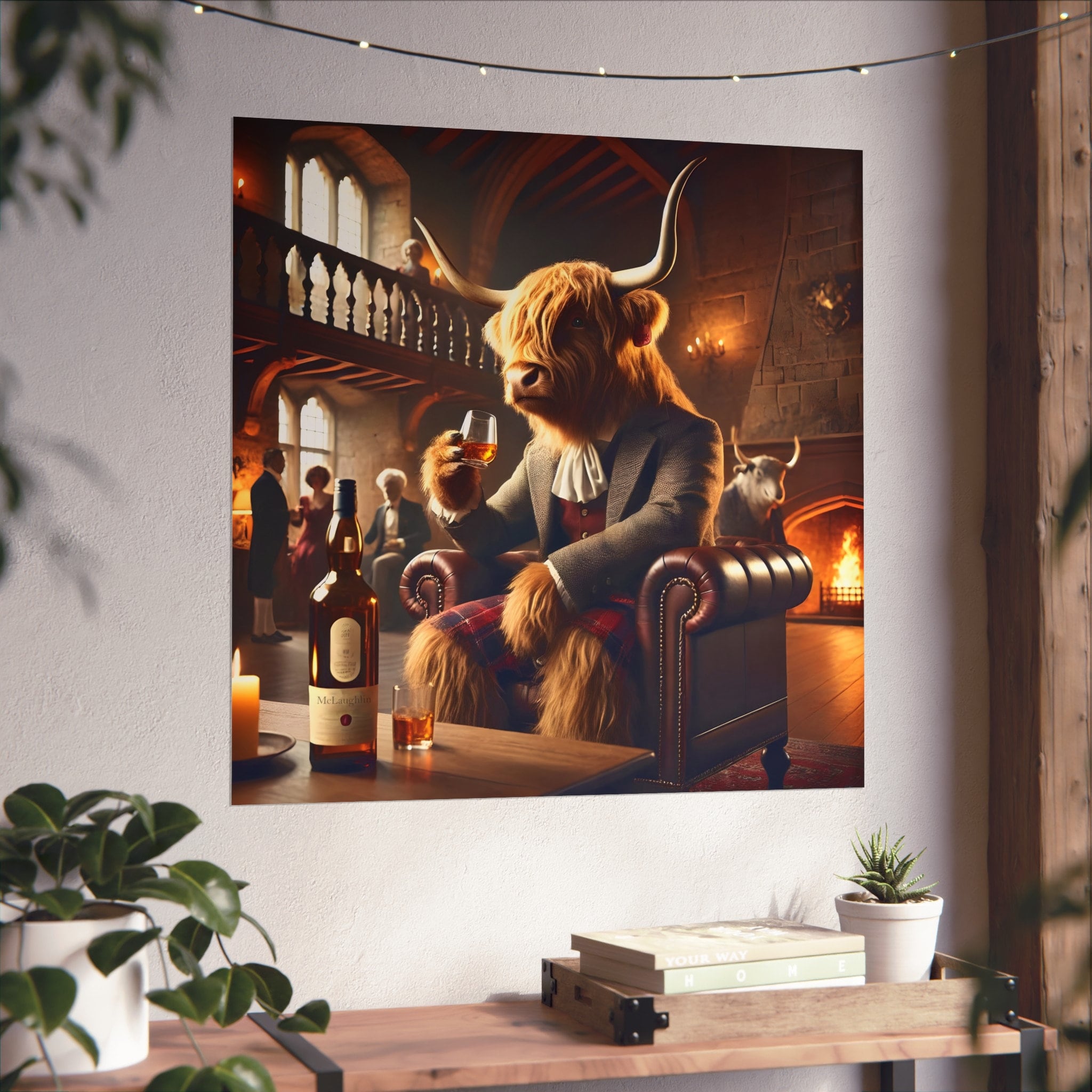 Scottish Highland Cow Wall Art - Hamish Having a Wee Dram - Highland ...