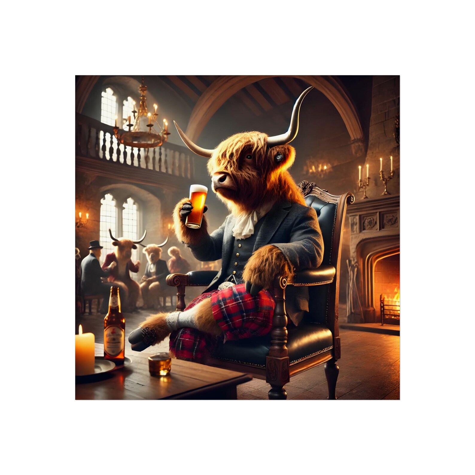 Scottish Highland Cow Wall Art - Hamish Contemplating Over a Pint of ...