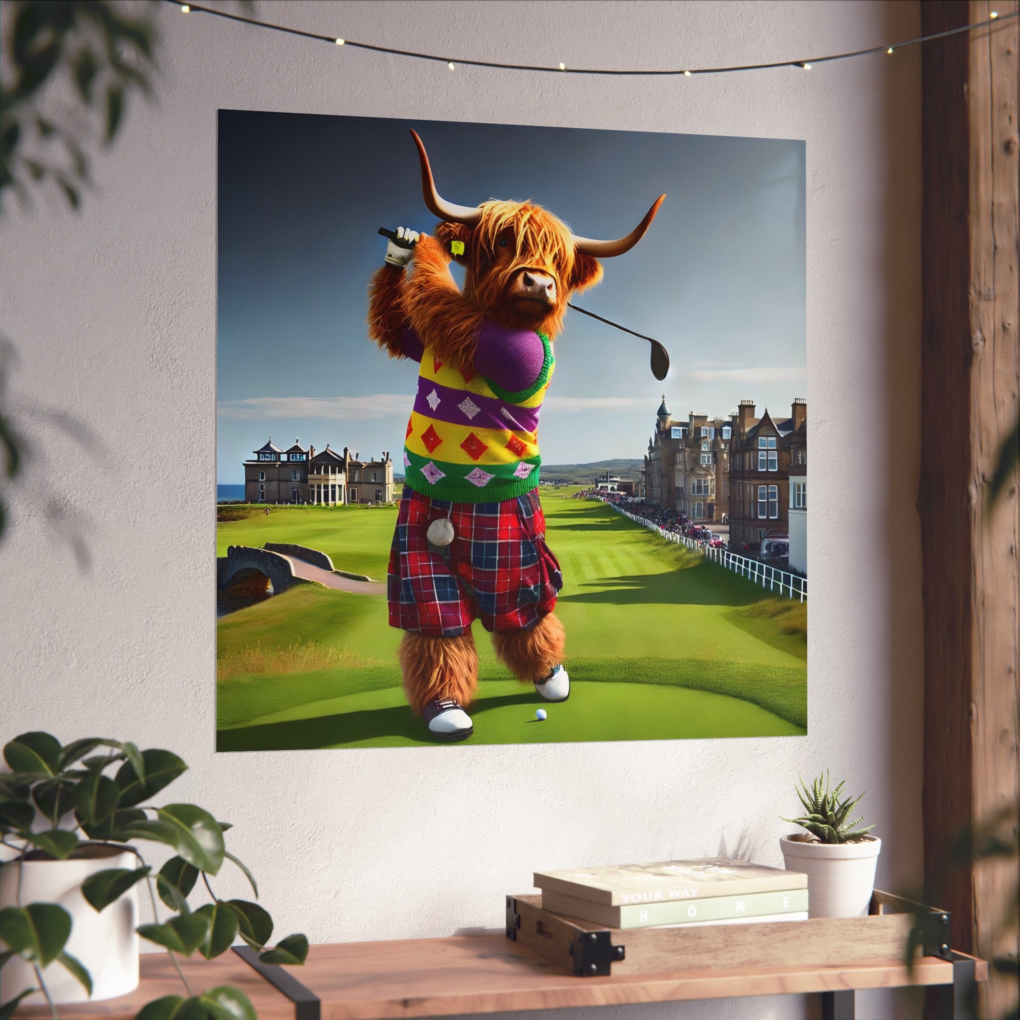 Scottish Highland Cow Wall Art - Hamish Doing a Round at St Andrews - Etsy