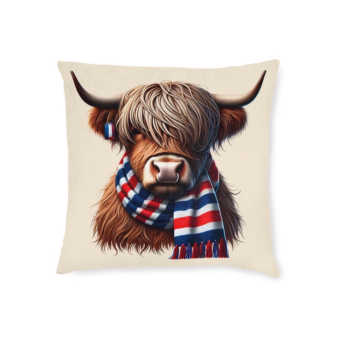 Highland Cow in Rangers Scarf Scatter Cushion Highland Coo Wearing ...