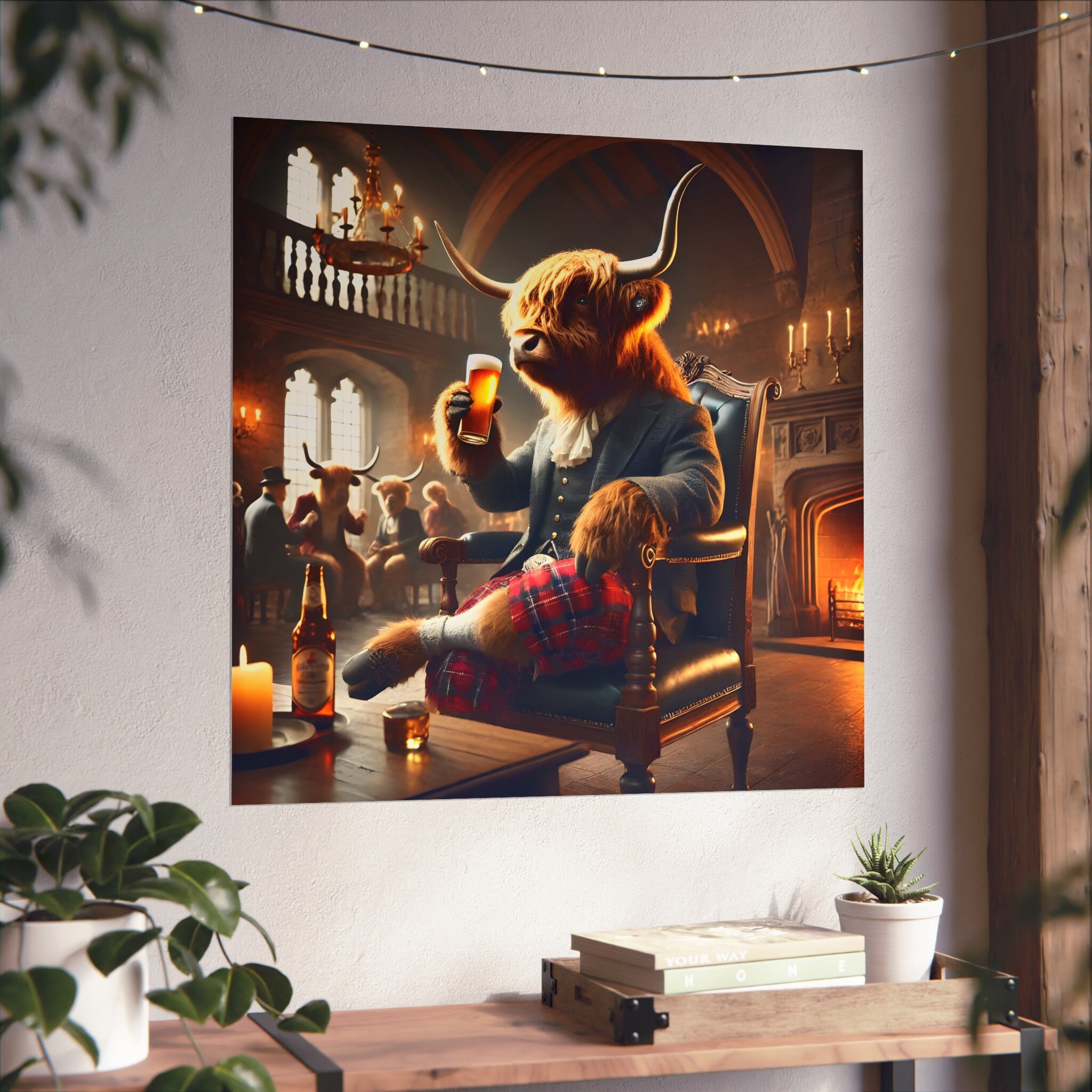 Scottish Highland Cow Wall Art Hamish Contemplating Over a Pint of Beer ...