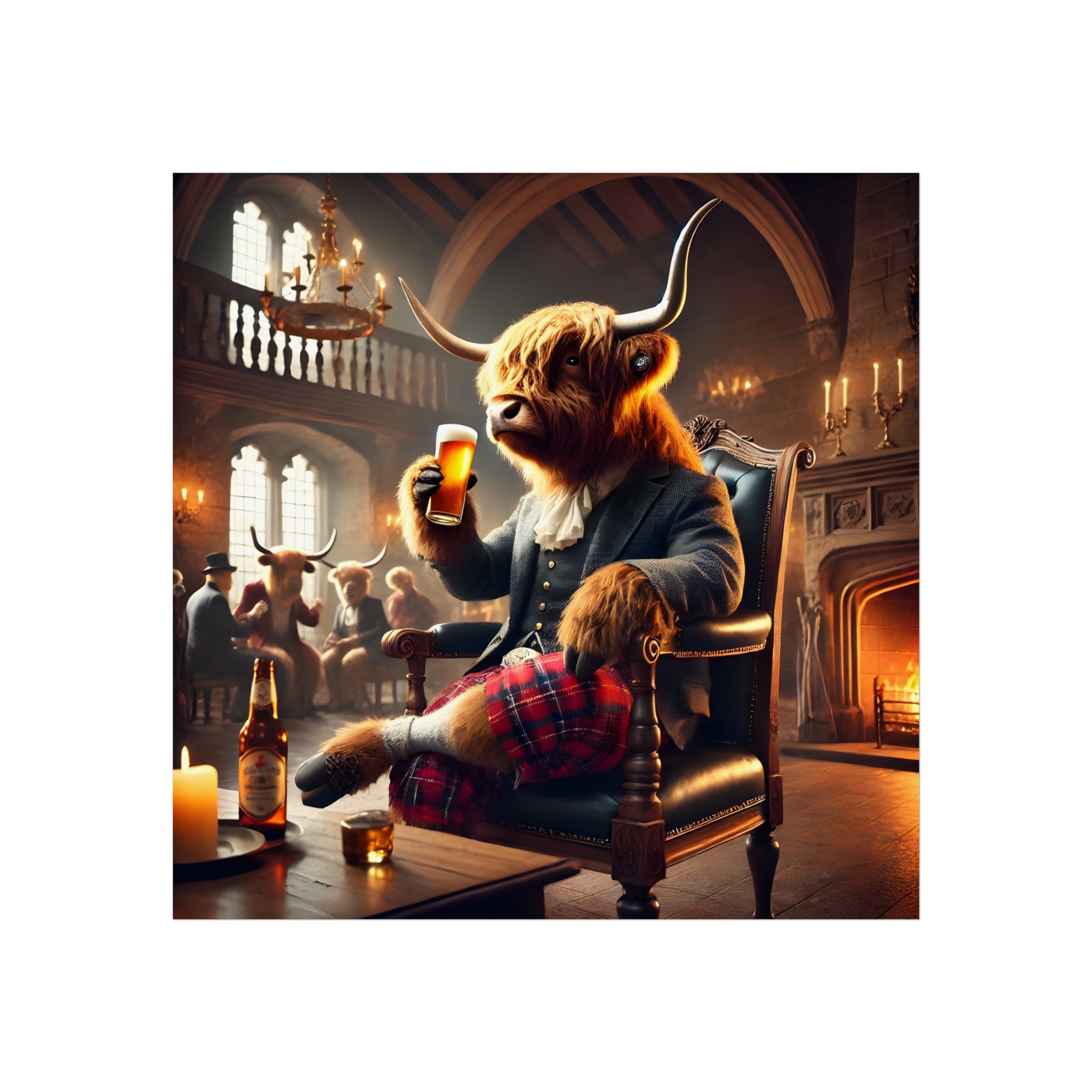 Scottish Highland Cow Wall Art Hamish Contemplating Over a Pint of Beer ...