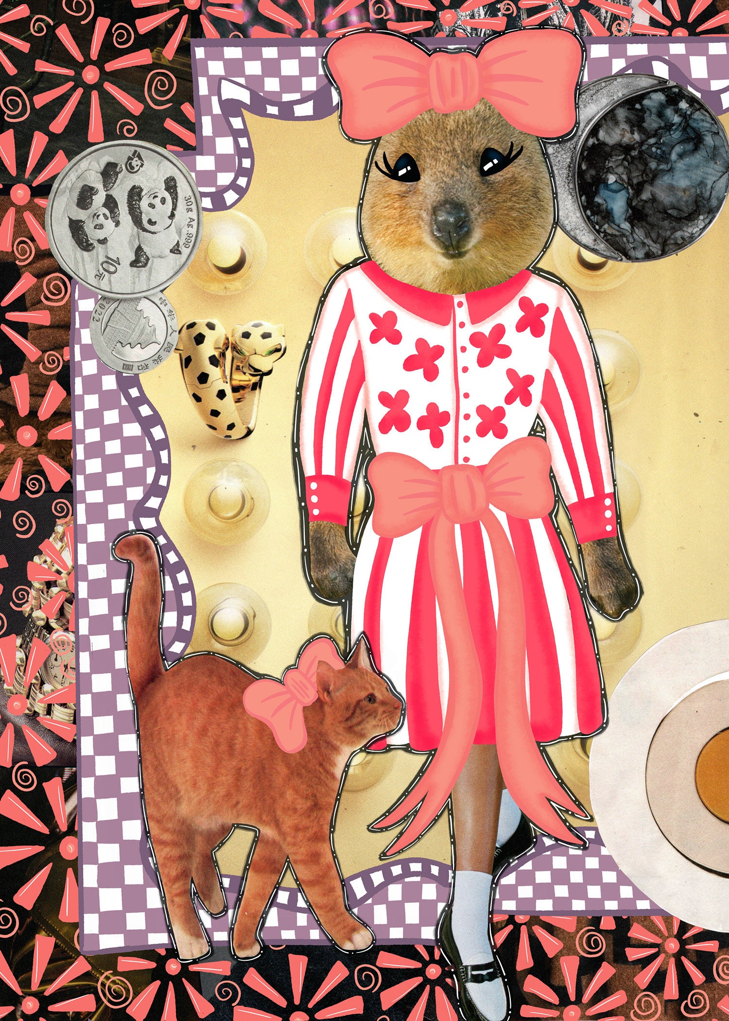 Coquette Quokka - Digital Download, Pink Cat Painting, Nursery Artwork ...