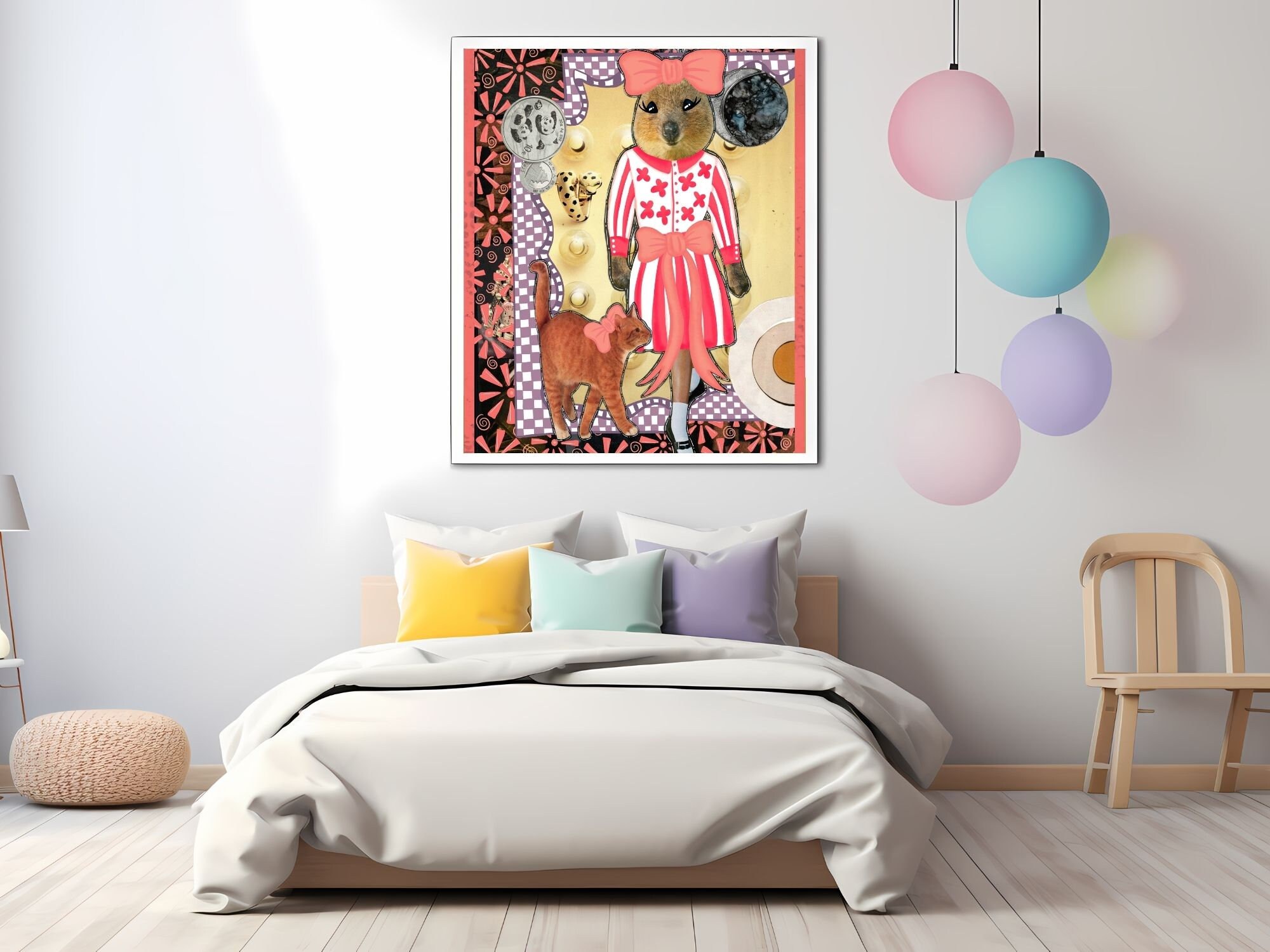 Coquette Quokka - Digital Download, Pink Cat Painting, Nursery Artwork ...