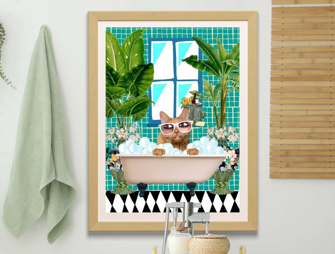 Ginger Bathtub Cat - Bathroom Cat Print, Funny Posters, Bathroom Wall ...
