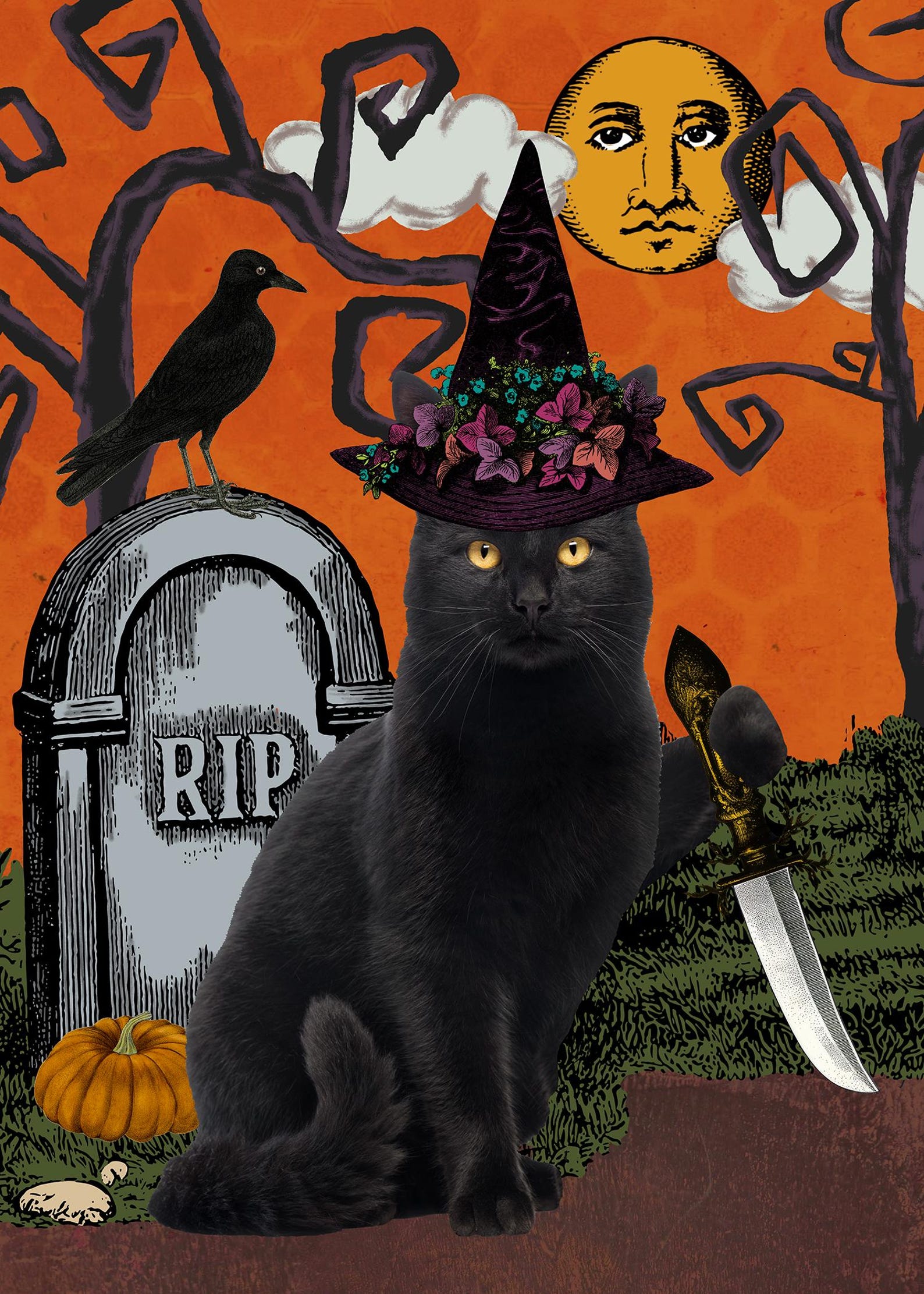 Murder Mittens Black Cat Halloween Art Poster, Funny Vintage Halloween Art, Dark Cottagecore ...