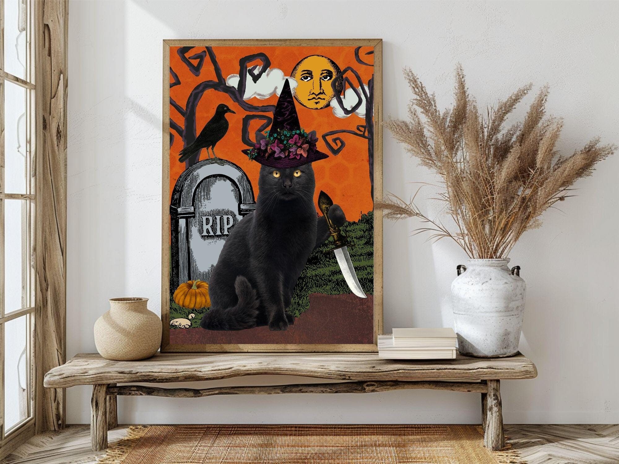 Murder Mittens - Black Cat Halloween Art Poster, Funny Vintage ...