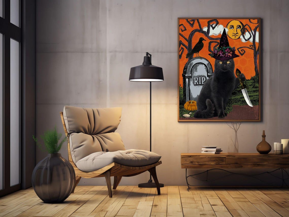Murder Mittens Black Cat Halloween Art Poster, Funny Vintage Halloween ...