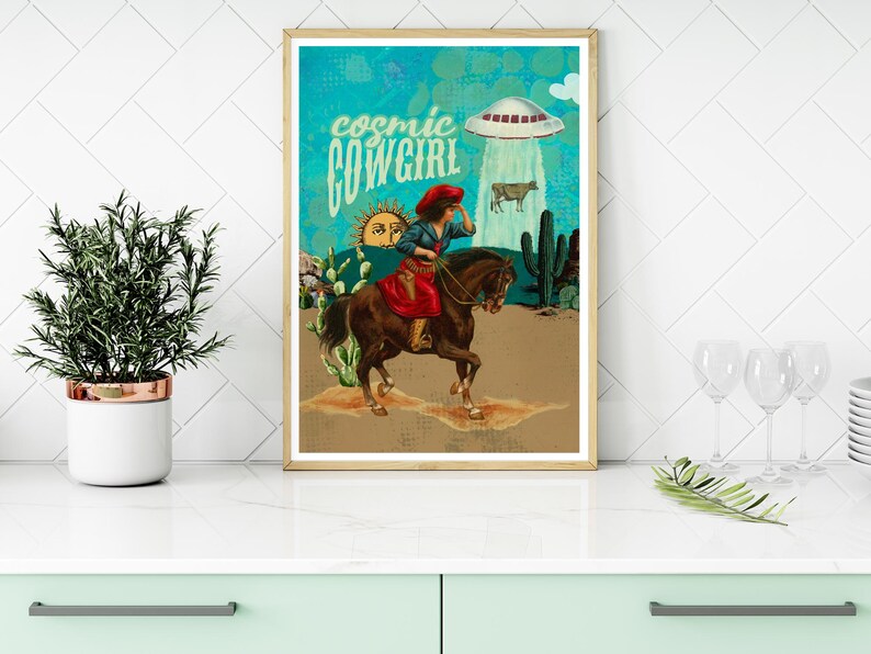Cosmic Cowgirl Collage Art - Retro Cowgirl Poster, Western Wall Artwork ...