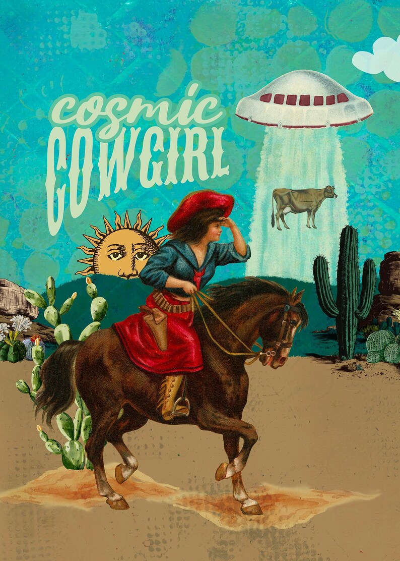 Cosmic Cowgirl Collage Art - Retro Cowgirl Poster, Western Wall Artwork ...
