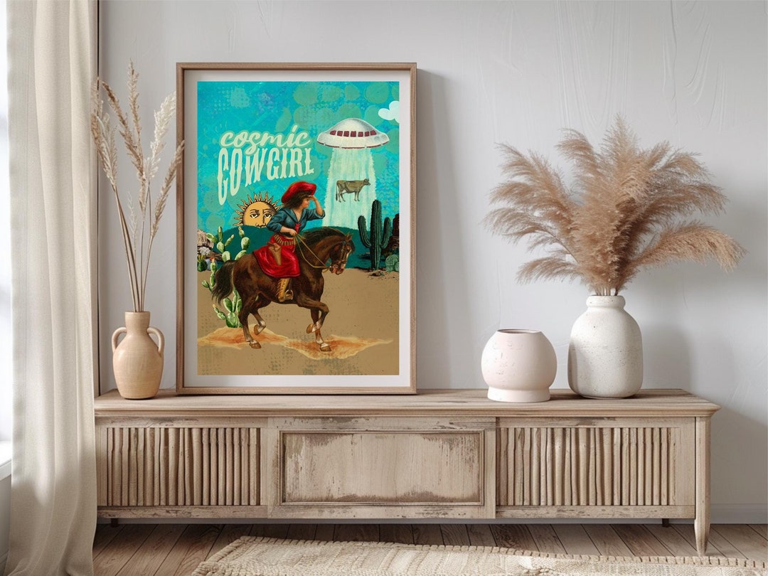 Cosmic Cowgirl Collage Art - Retro Cowgirl Poster, Western Wall Artwork ...