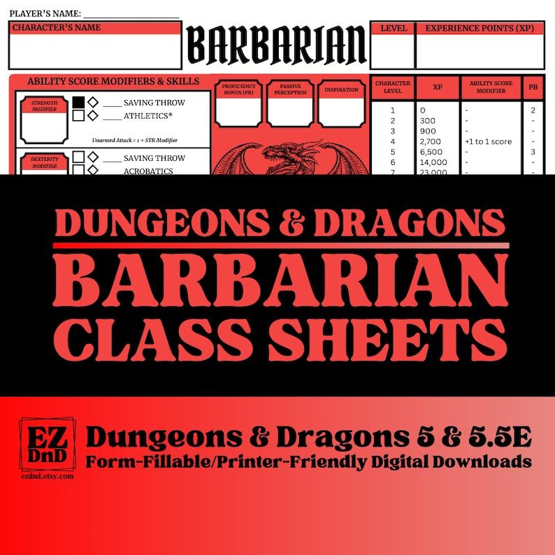 Dungeons & Dragons Barbarian Class Character Sheets - Form-fillable and ...
