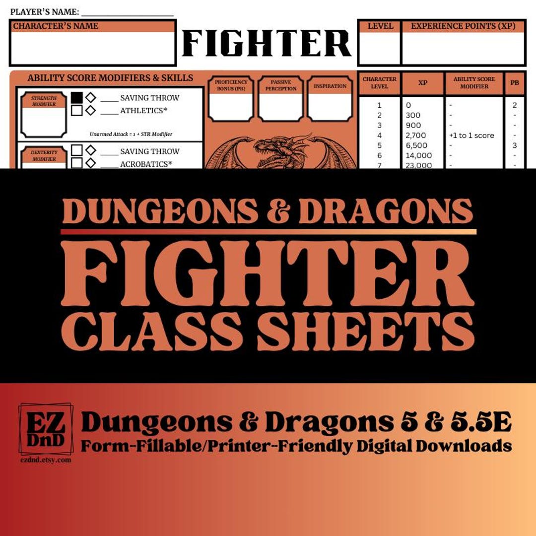 Dungeons & Dragons Fighter Class Character Sheets - Form-fillable and ...