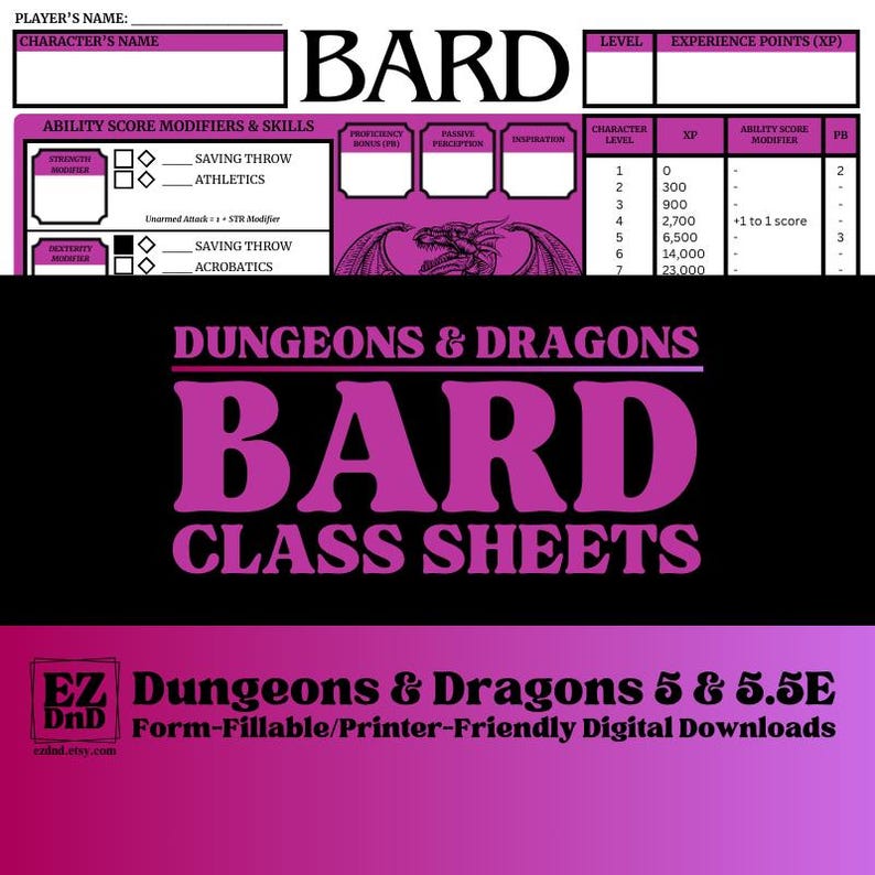 Dungeons & Dragons Bard Class Character Sheets - Form-fillable and ...