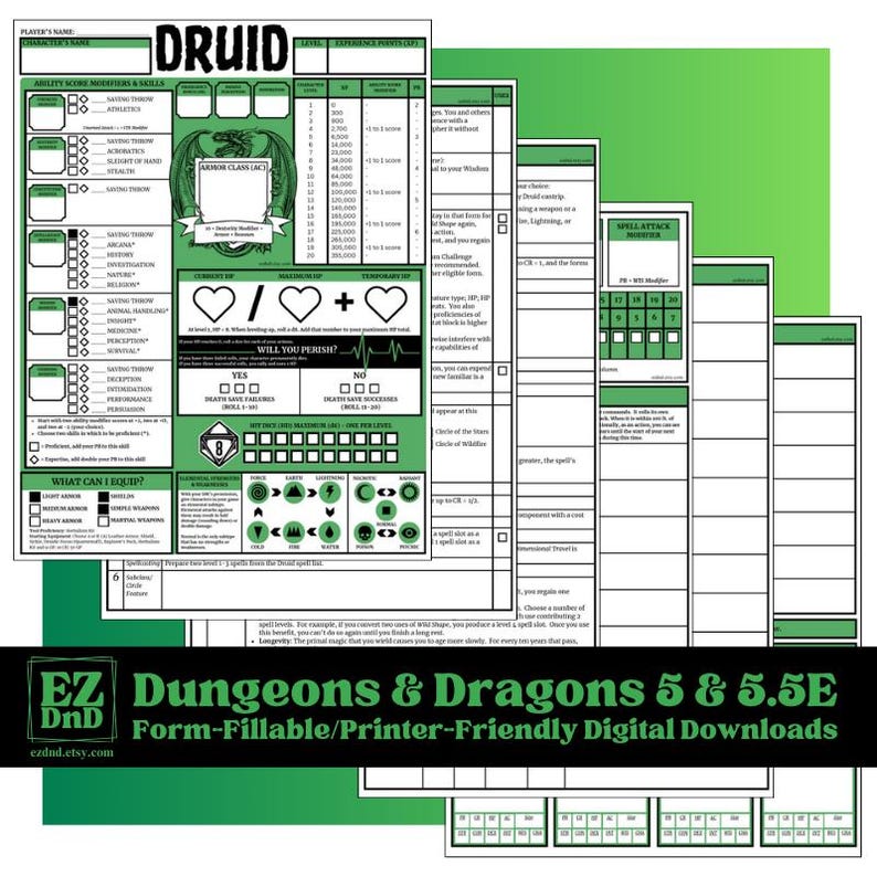 Dungeons & Dragons Druid Class Character Sheets - Form-fillable and ...
