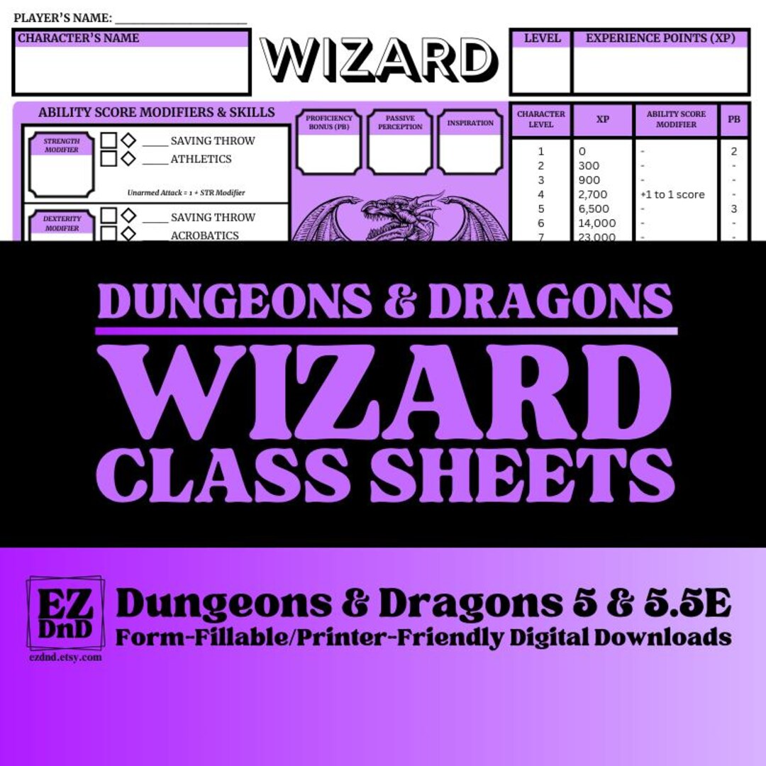 Dungeons & Dragons Wizard Class Character Sheets - Form-fillable and ...