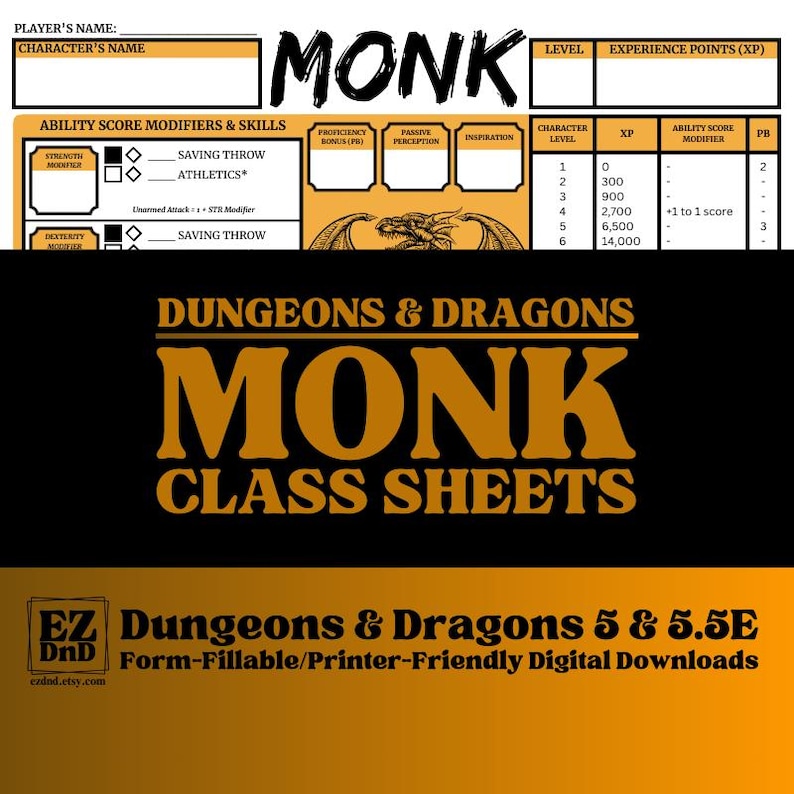 Dungeons & Dragons Monk Class Character Sheets - Form-fillable and ...