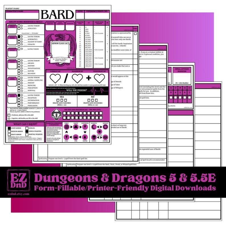 Dungeons & Dragons Bard Class Character Sheets - Form-fillable and ...